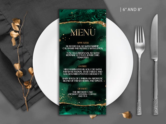 Editable Emerald Green and Gold Menu birthday Party Celebration Dinner ...