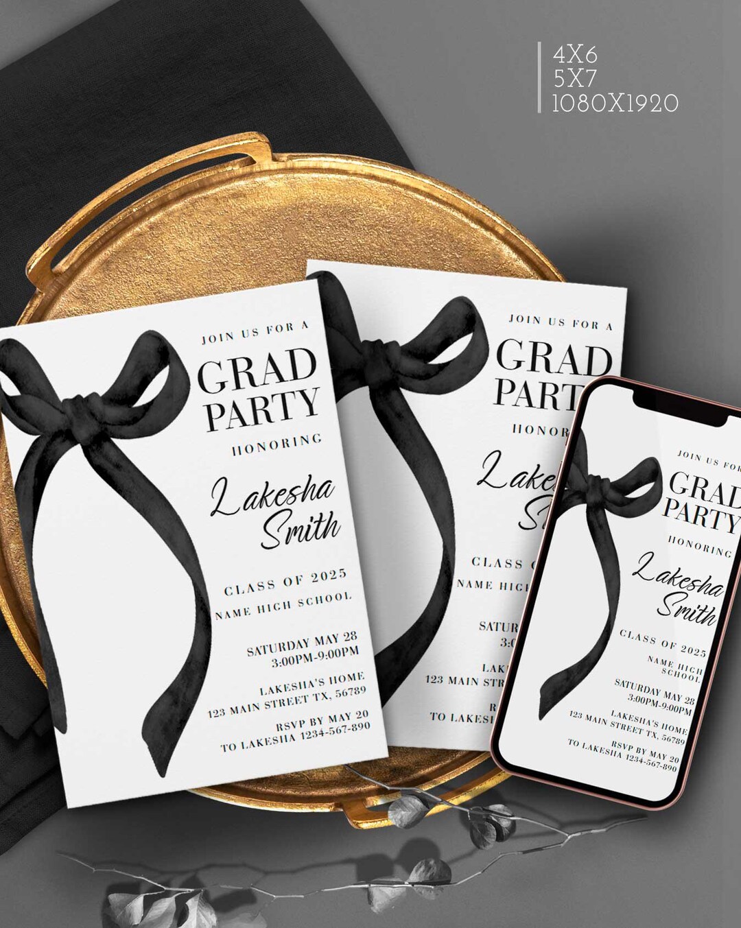 Black Bow Graduation Invitation Template High School, College Invites ...