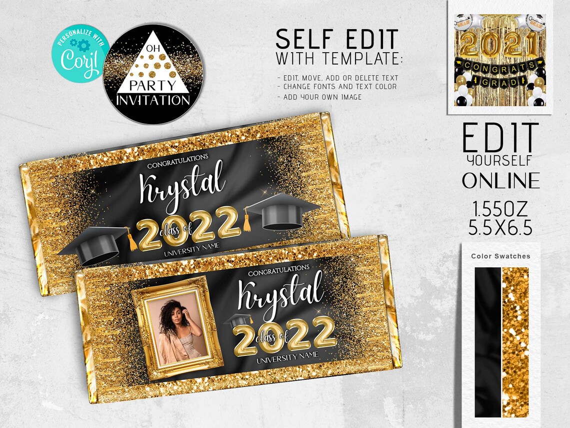 Editable Graduation Candy Bar With Picture Black Gold - Etsy