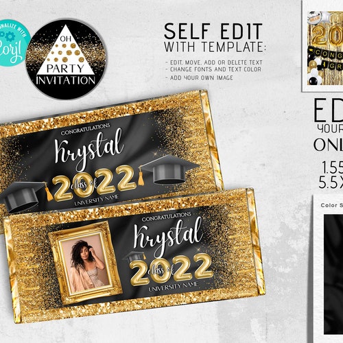 Editable Black Gold Graduation Party Kit Candy Bar Chip Bag - Etsy