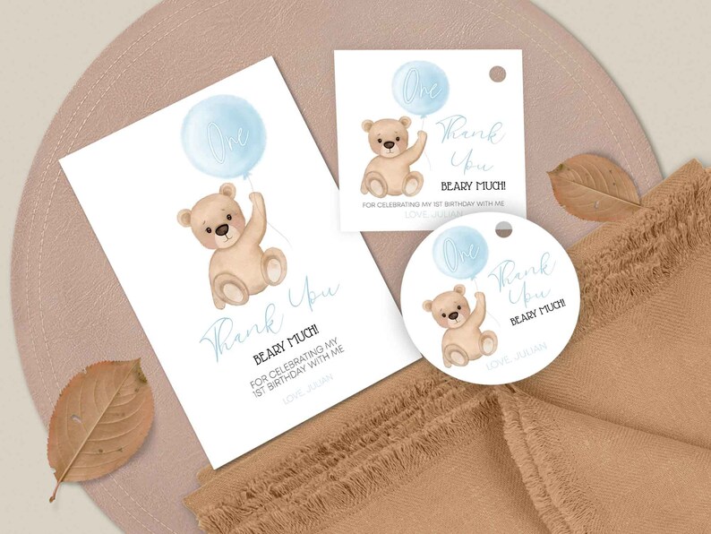 Editable Teddy Bear Birthday Thank You Tags Blue Balloons | Etsy