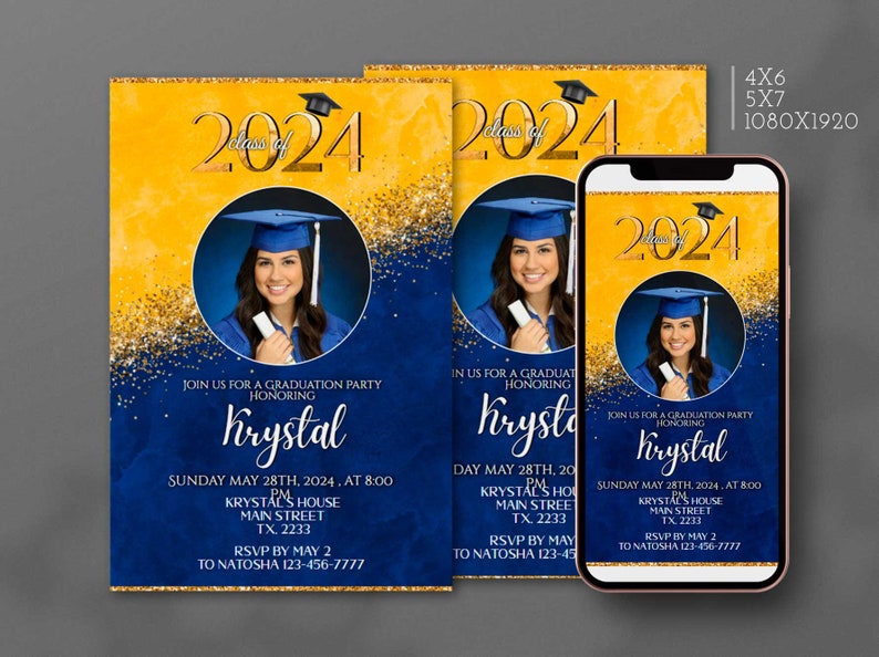 Editable Graduation Invitation: Yellow and Blue, Photo, Senior Party ...