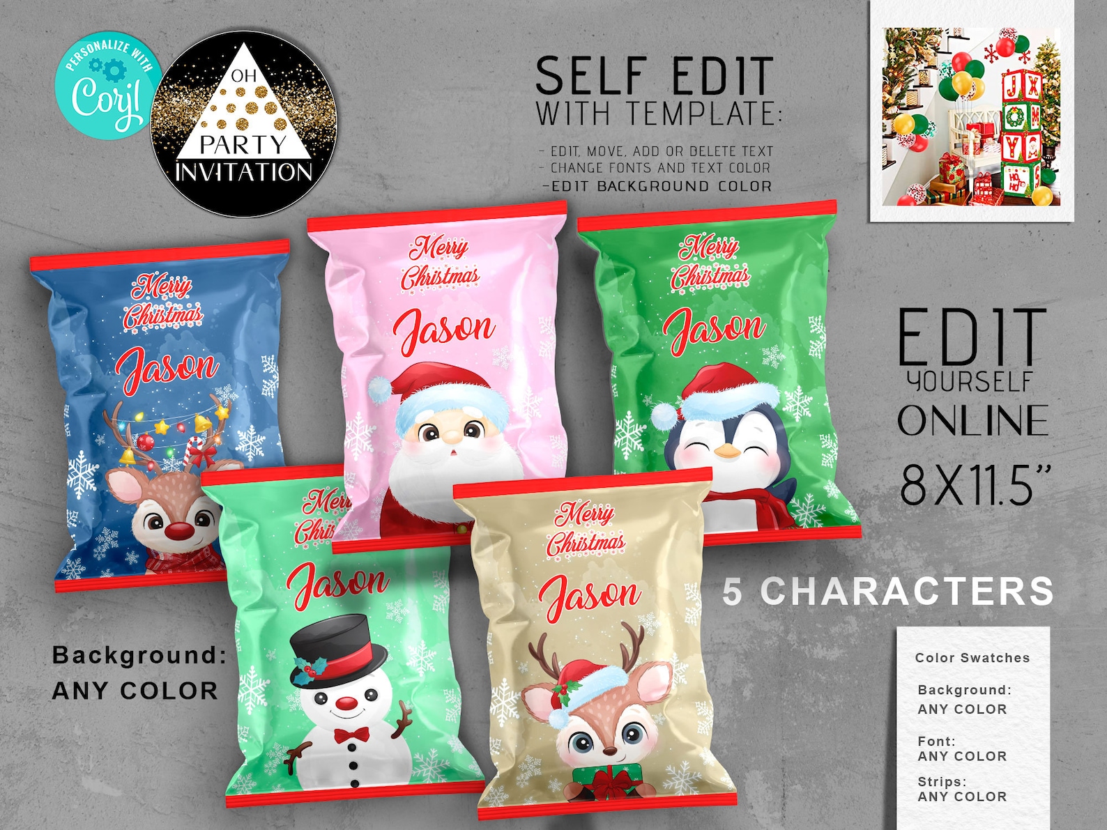 Editable Christmas Chip Bag Winter Party Decoration Chip Bag - Etsy