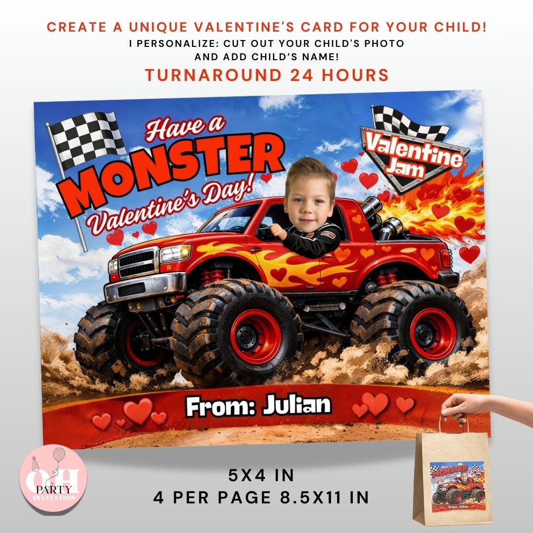 Monster Truck Valentines Cards, Classroom Kids Boys Valentines With ...