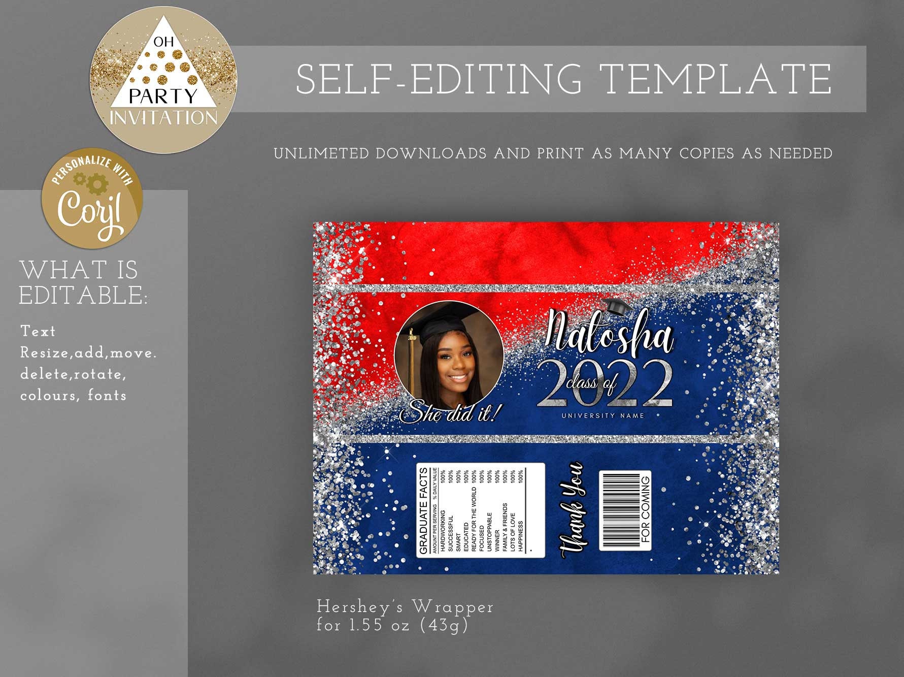 Editable Graduation Red Blue Candy Bar With Silver Glitter - Etsy