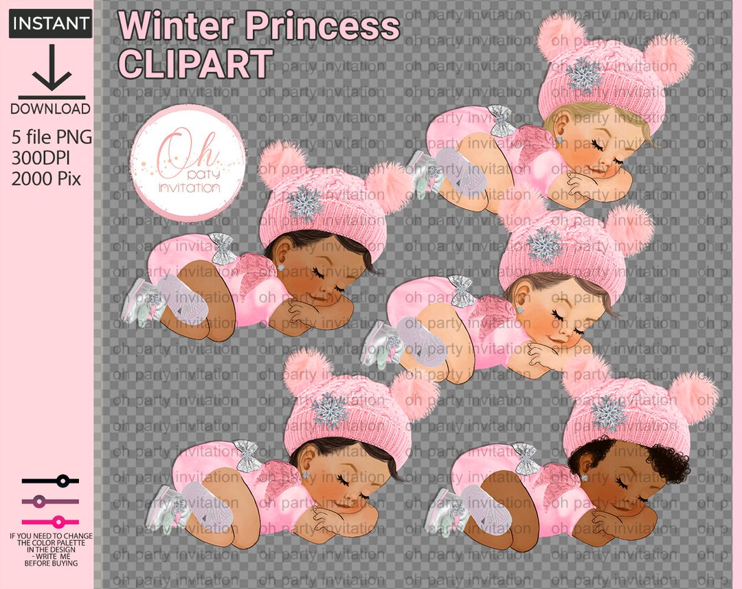 Sleeping Winter Onederland Baby Girl Clipart Pink White and Silver ...
