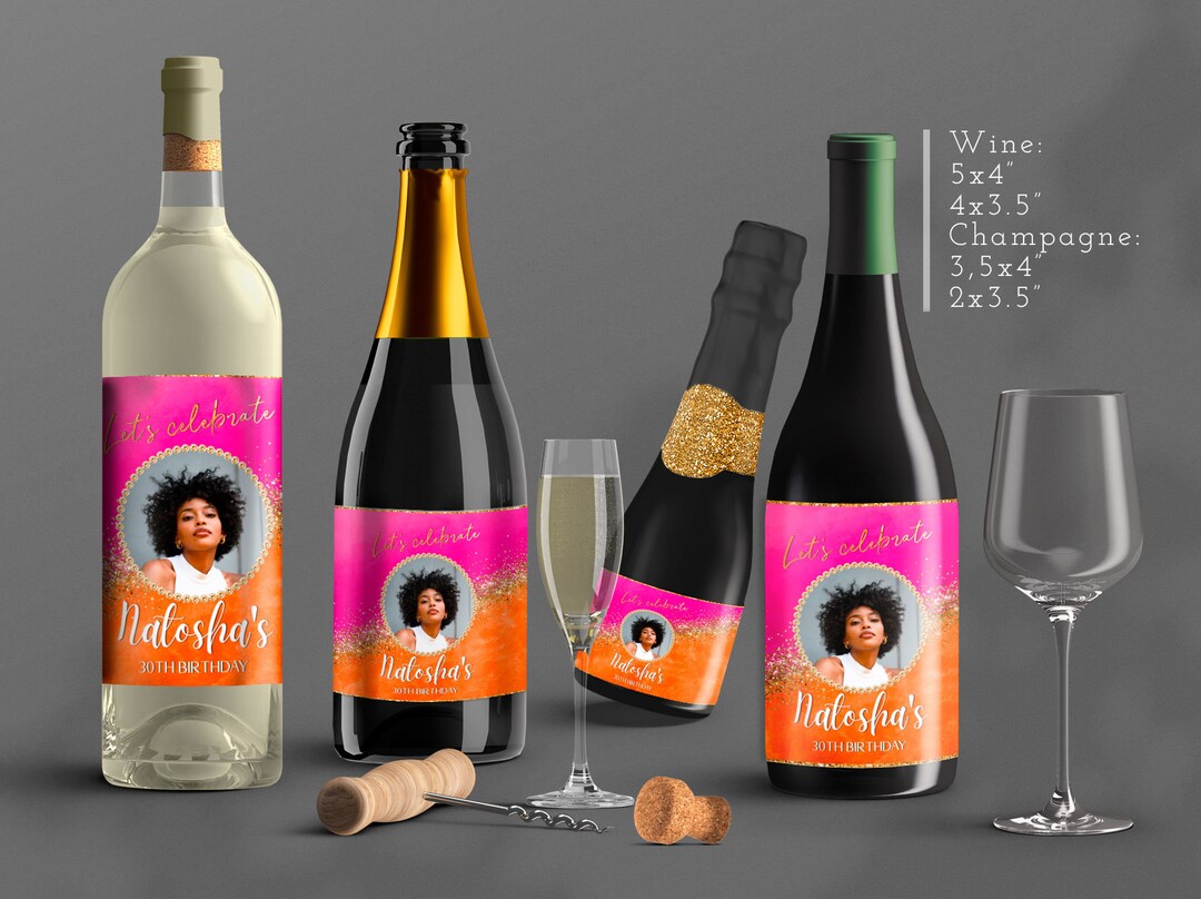 Orange Pink Gold Birthday Wine Champagne Labels: Drink Party Favors ...