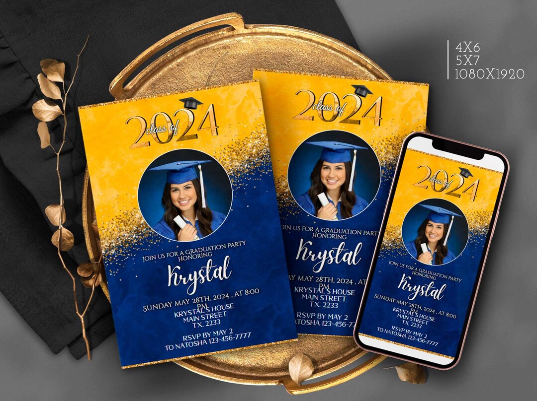 Editable Graduation Invitation: Yellow and Blue, Photo, Senior Party ...