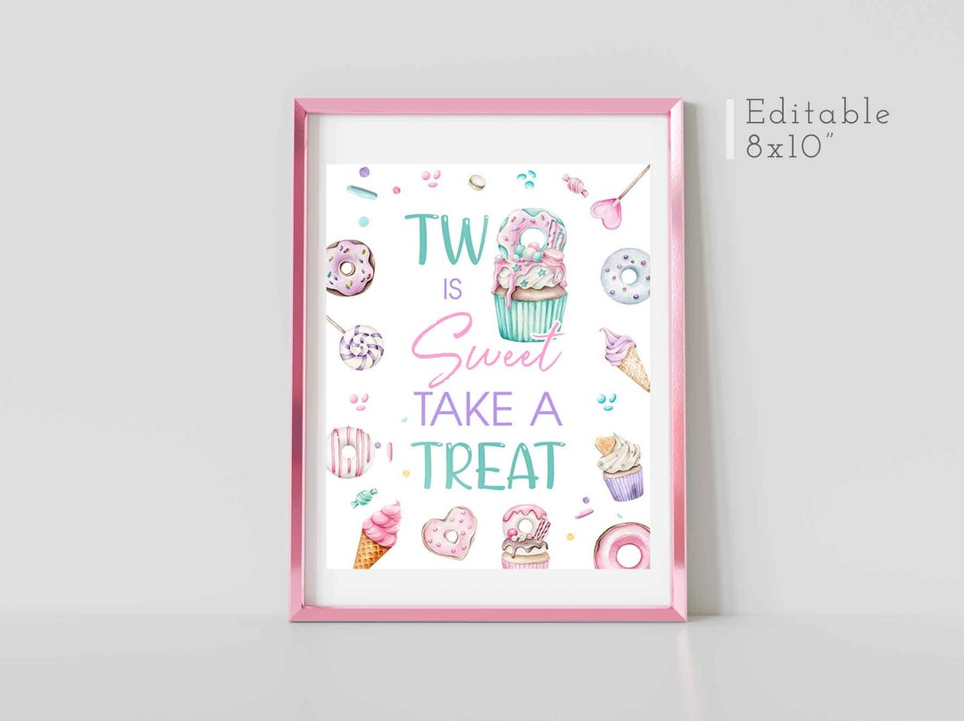 Two is Sweet Take a Treat Birthday Sign Pink Yellow Purple Blue Cupcake ...