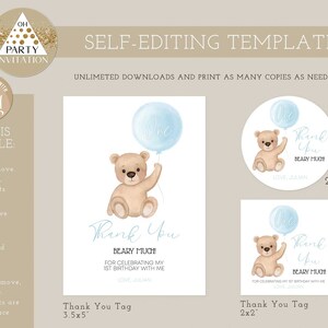 Editable Teddy Bear Birthday Thank You Tags Blue Balloons | Etsy