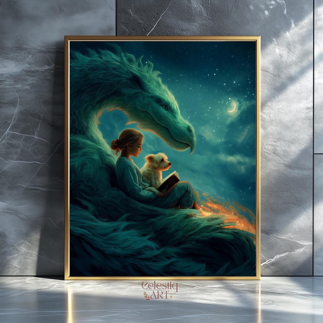 Cozy Dragon Reading Art Print: Whimsical Nursery Decor (digital ...
