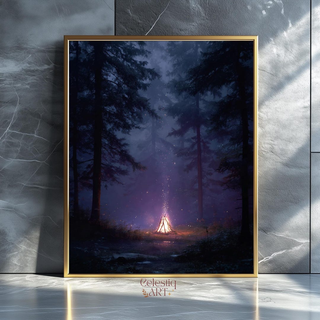Rustic Campfire Painting: Moody Forest Print, Cabin Wall Art (digital ...