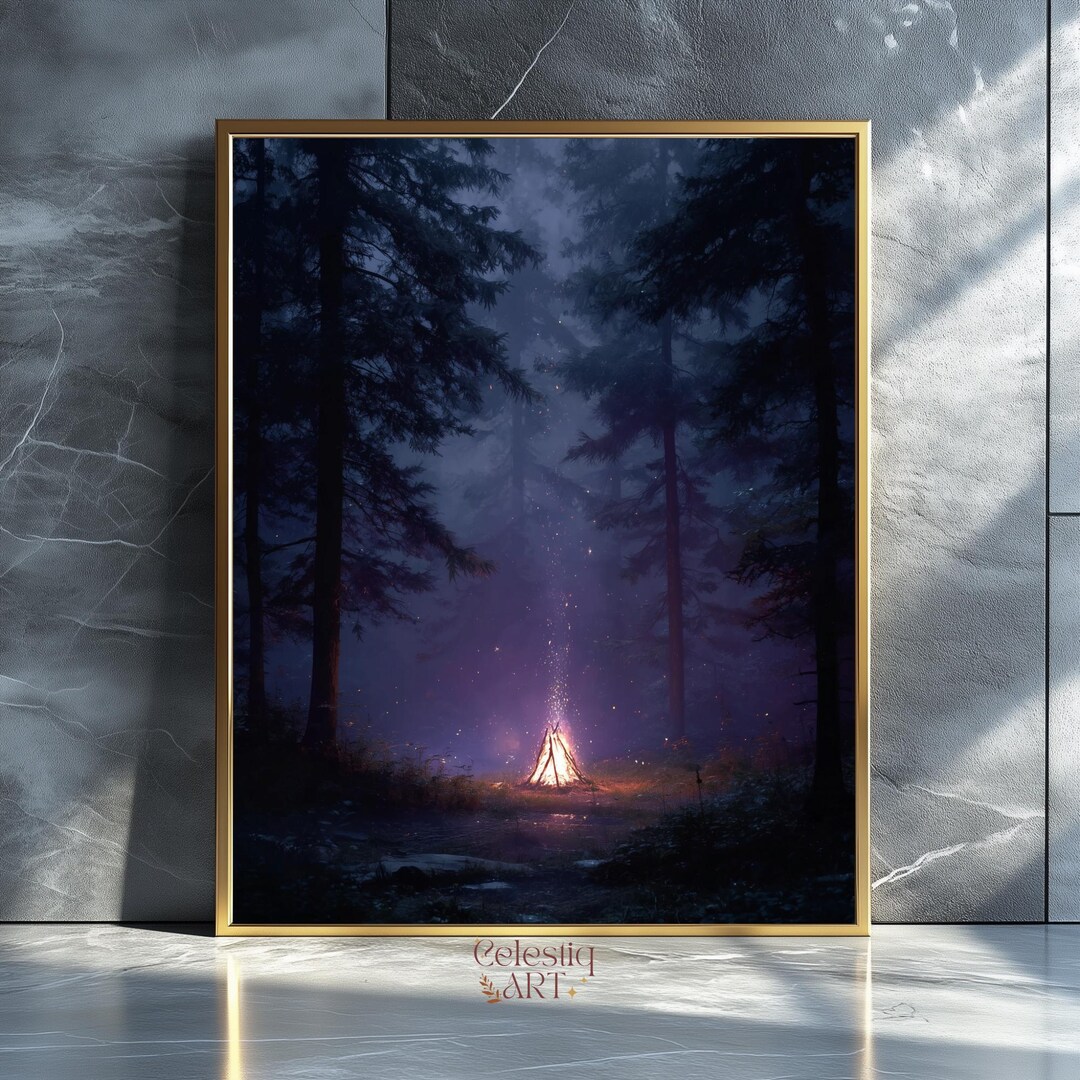 Rustic Campfire Oil Painting, Camping Theme Wall Art, Moody Pine Tree ...