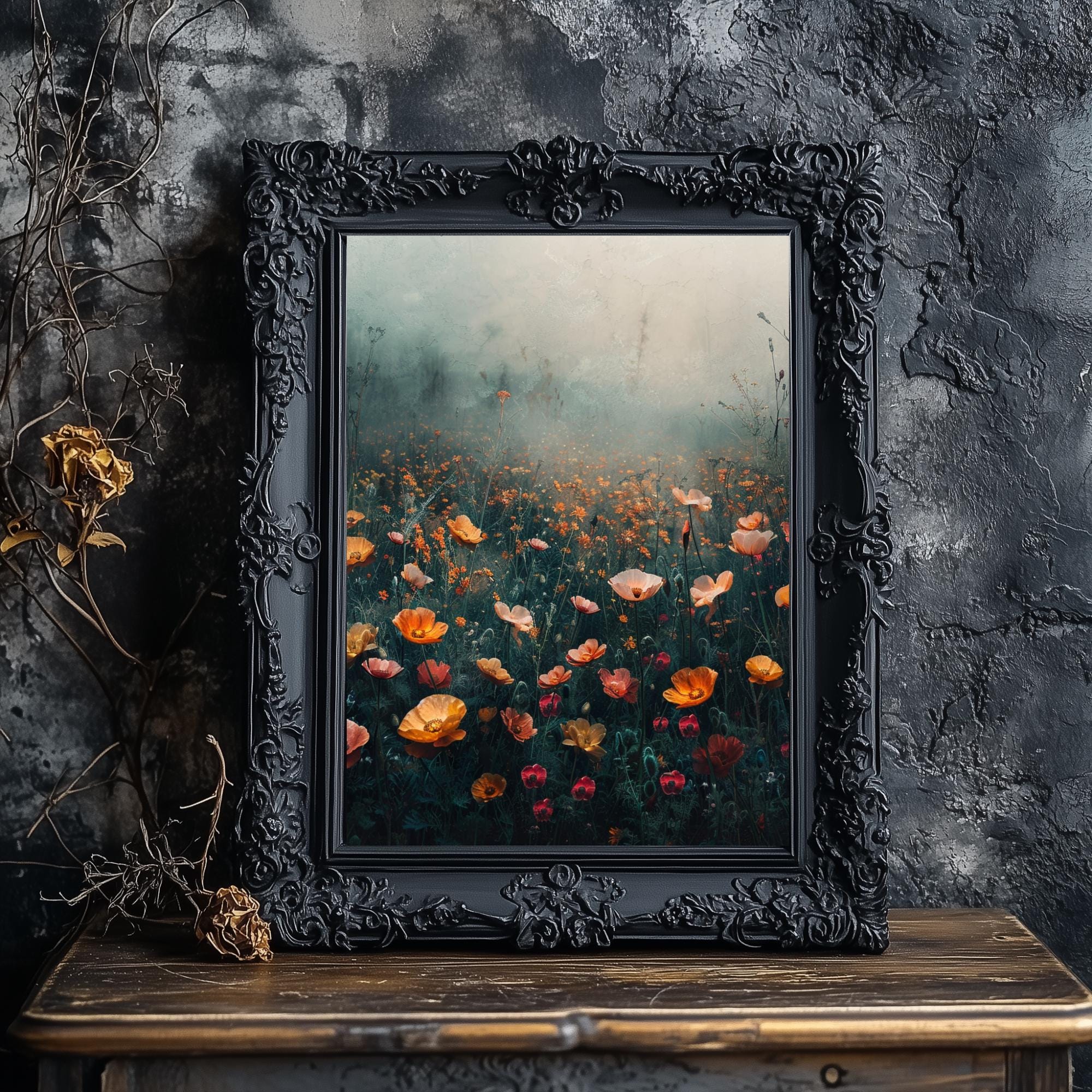 Wildflower Field Framed Wall Art, Vintage Botanical Landscape Sign ...