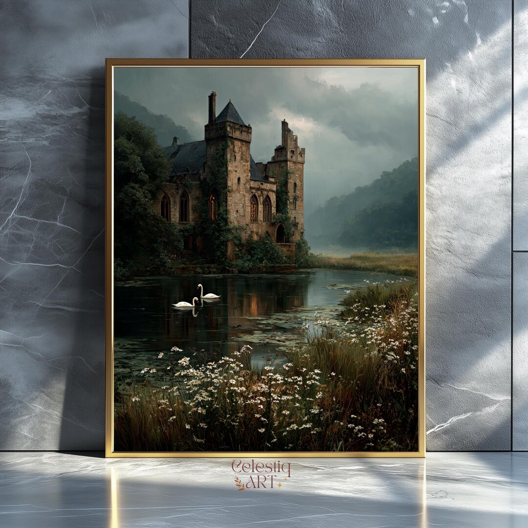Gothic Swans Painting: Vintage Castle Landscape Art Digital Download - Etsy