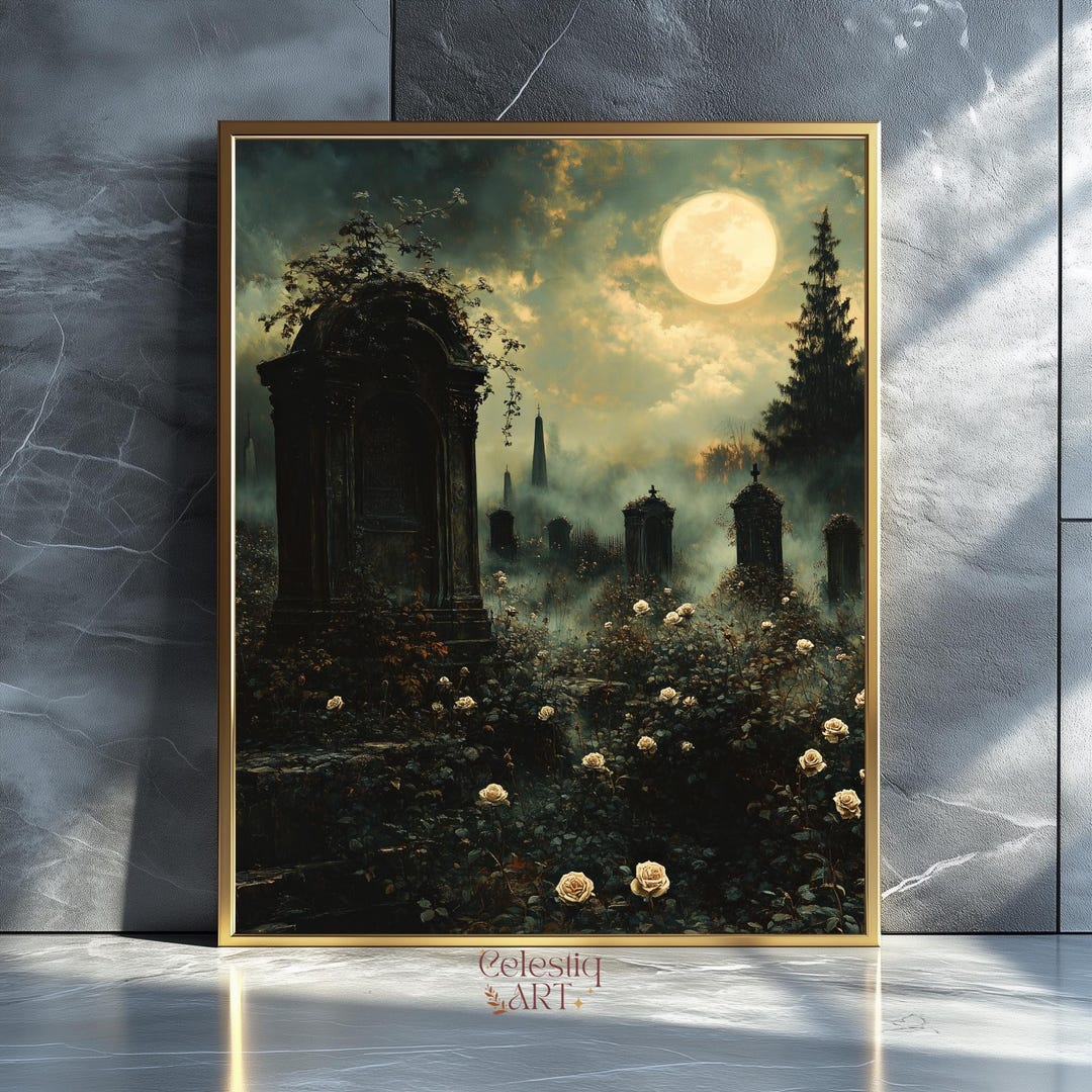 Dark Gothic Cemetery Art Print, Moody Dark Cottagecore, Dark Botanical ...