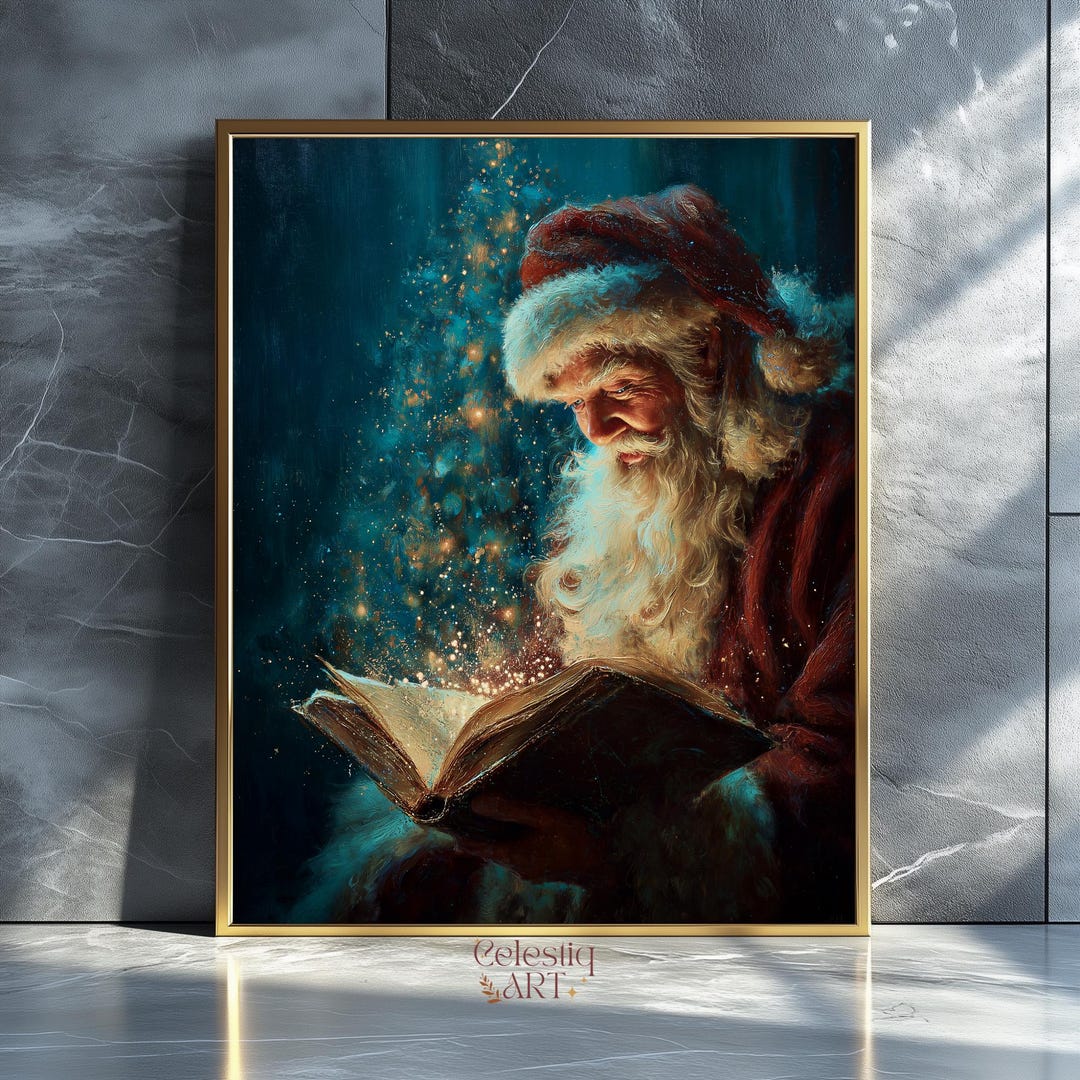Santa Reading Book Printable Christmas Oil Painting, Vintage Christmas ...