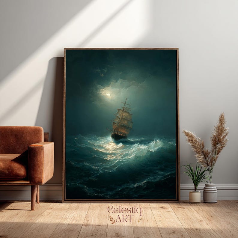 Stormy Sea Ship Digital Art Print: Moody Nautical Gothic Waves Painting ...