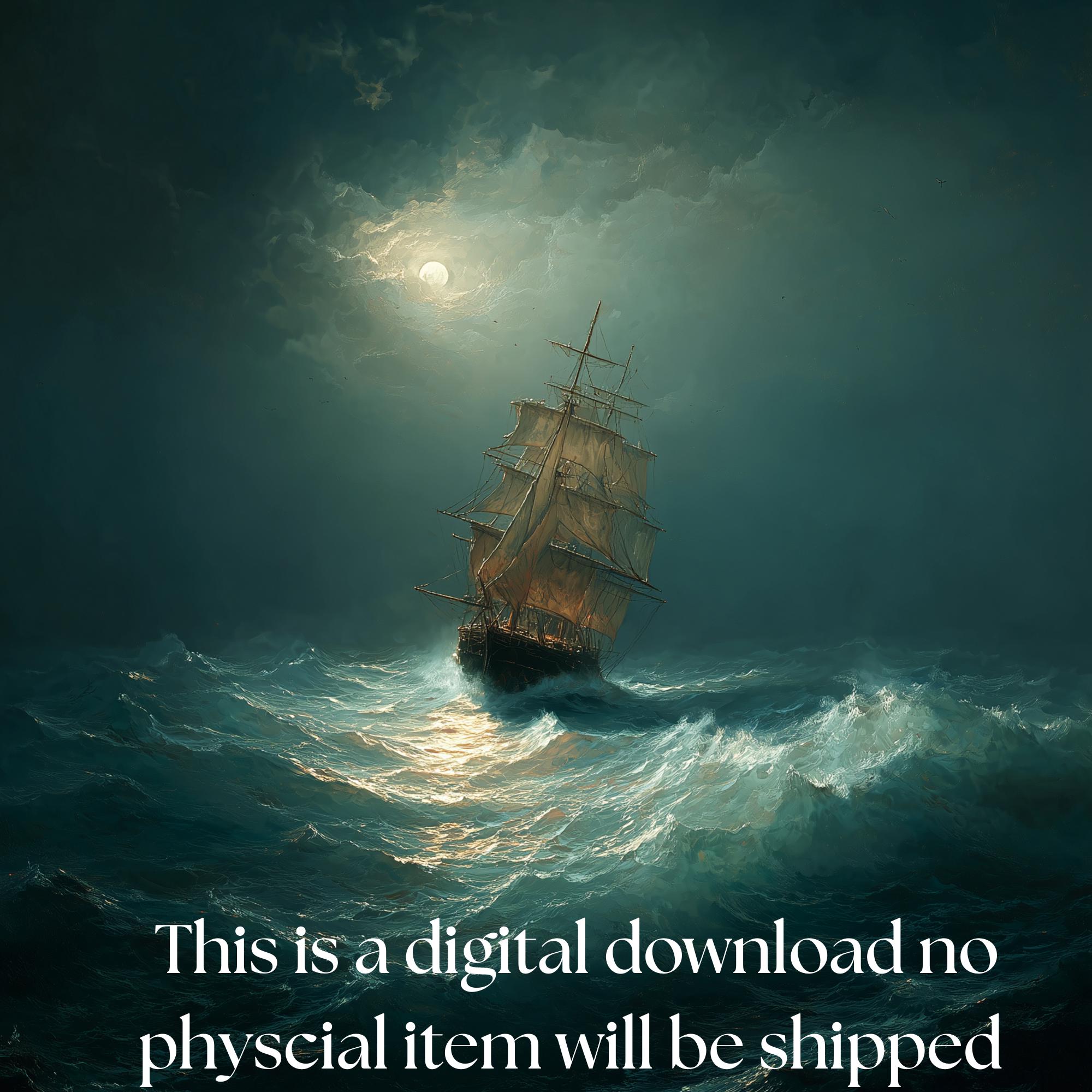Stormy Sea Ship Digital Art Print: Moody Nautical Gothic Waves Painting ...