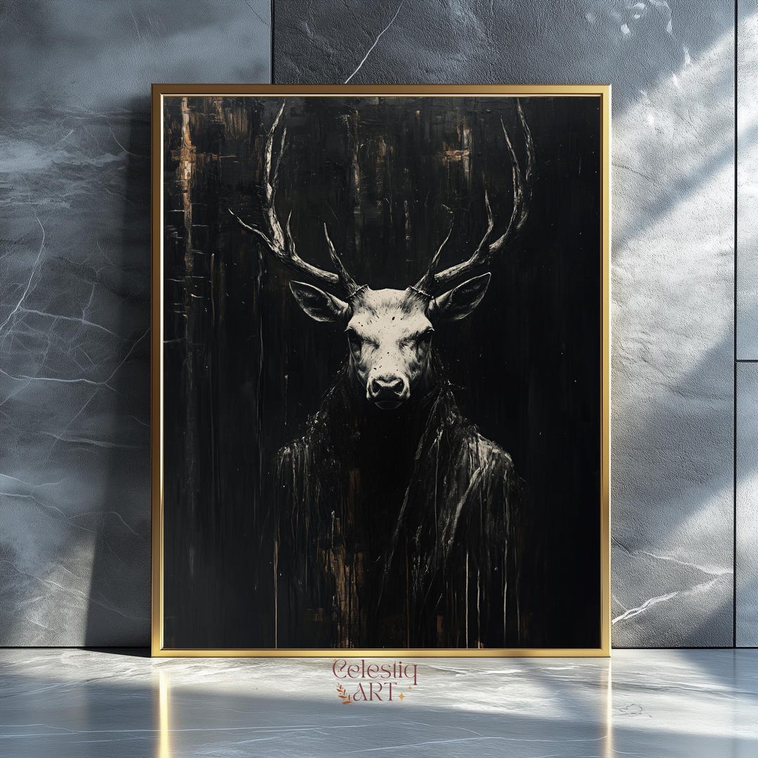 Dark Stag Head Digital Art Print: Moody Gothic Abstract Man Cave Decor ...