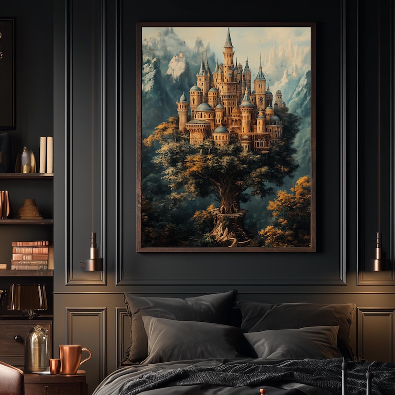 Fantasy Castle Tree Digital Art Print: Fairycore Mountain Fortress ...