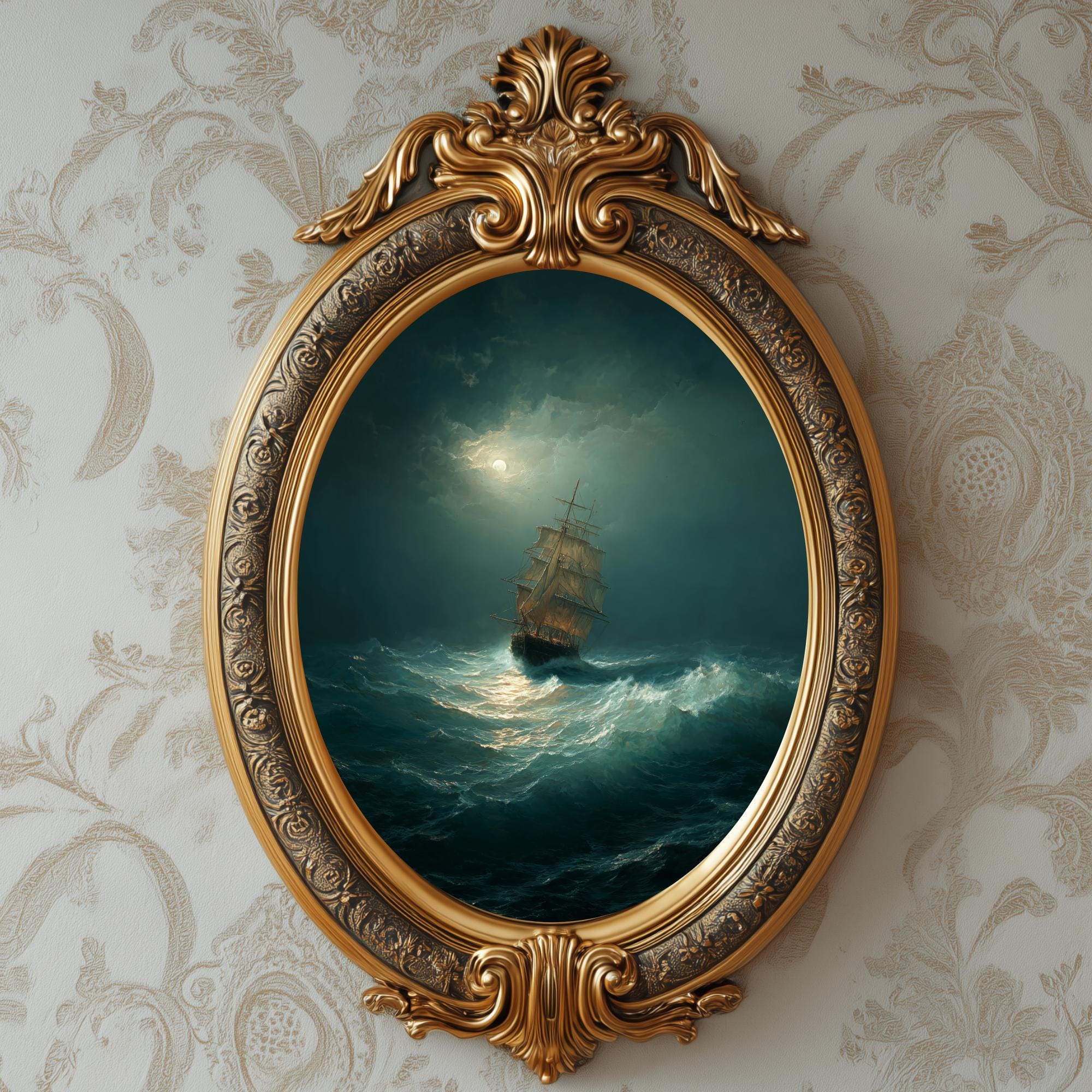 Stormy Sea Ship Digital Art Print: Moody Nautical Gothic Waves Painting ...
