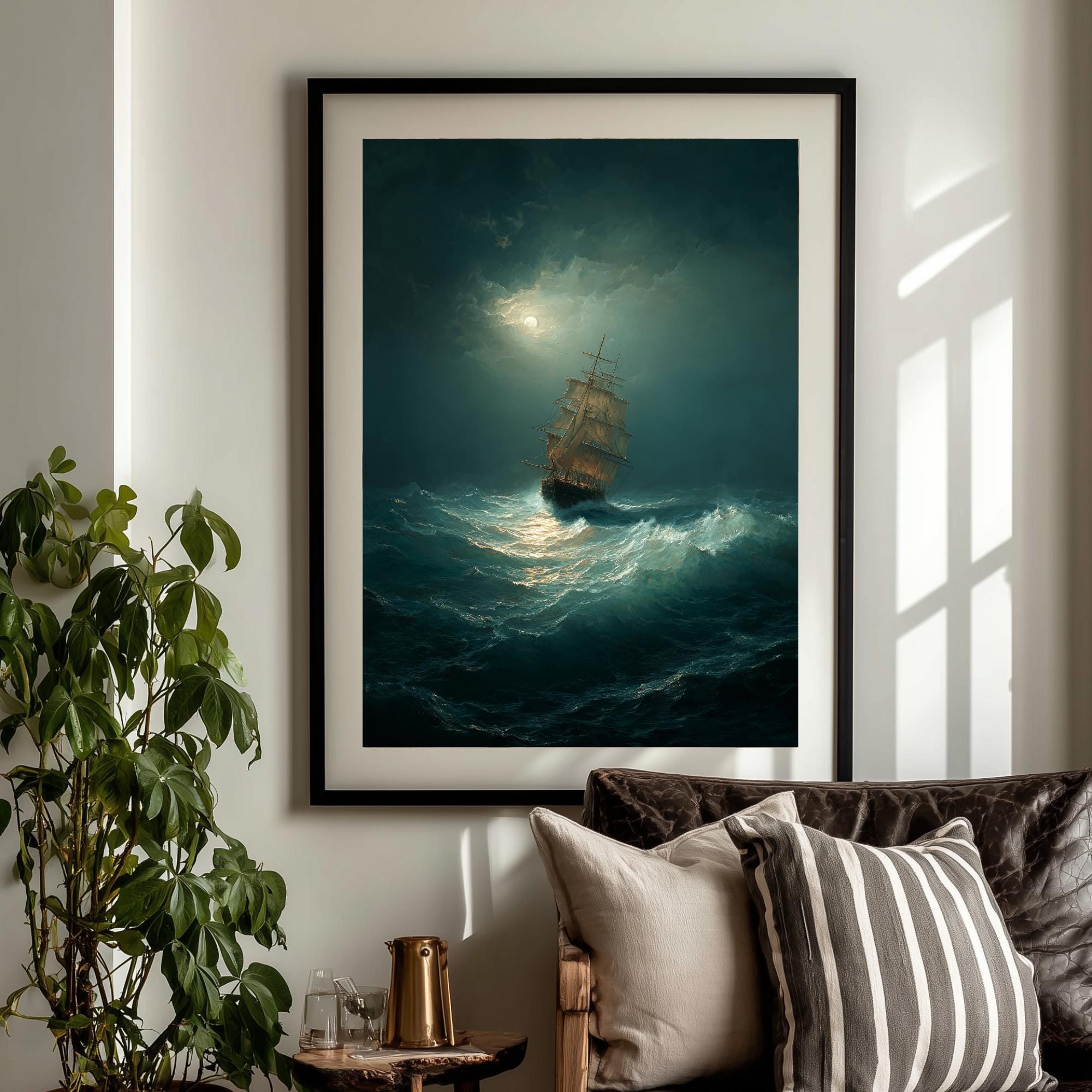 Stormy Sea Ship Digital Art Print: Moody Nautical Gothic Waves Painting ...
