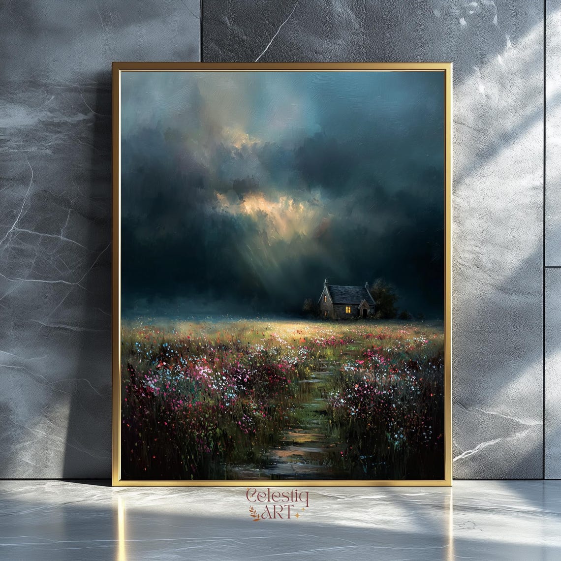 Dark Moody Wildflower Field Art Print: Cottagecore Landscape (digital ...