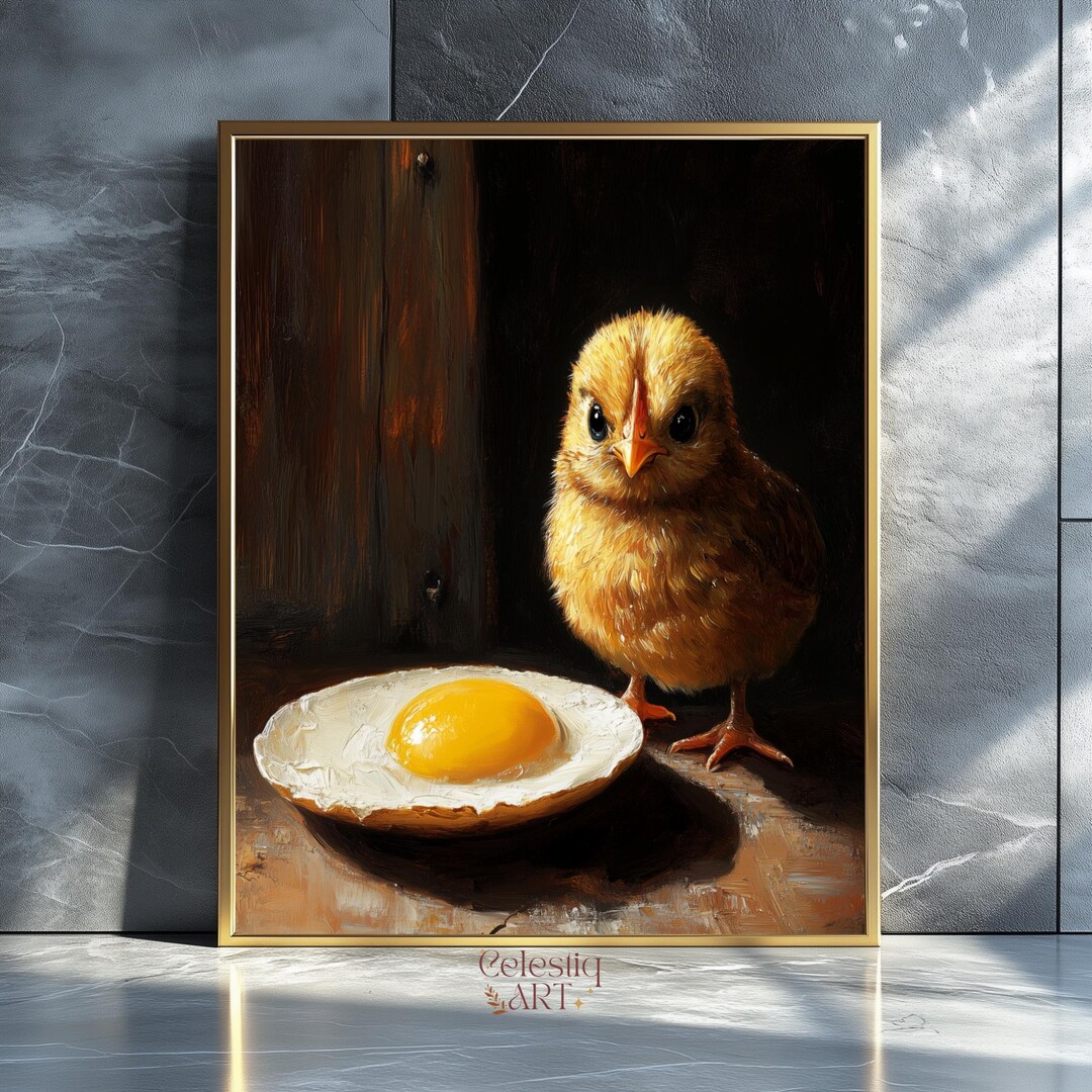 Chick and Egg Art, Funny Chicken Painting, Farmhouse Kitchen Decor ...