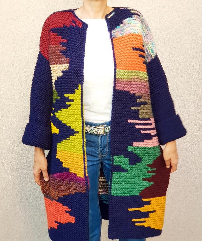 Multicolor Hand Knit Unique Wool Coat With/out Scarf, Boho Long Knitted ...