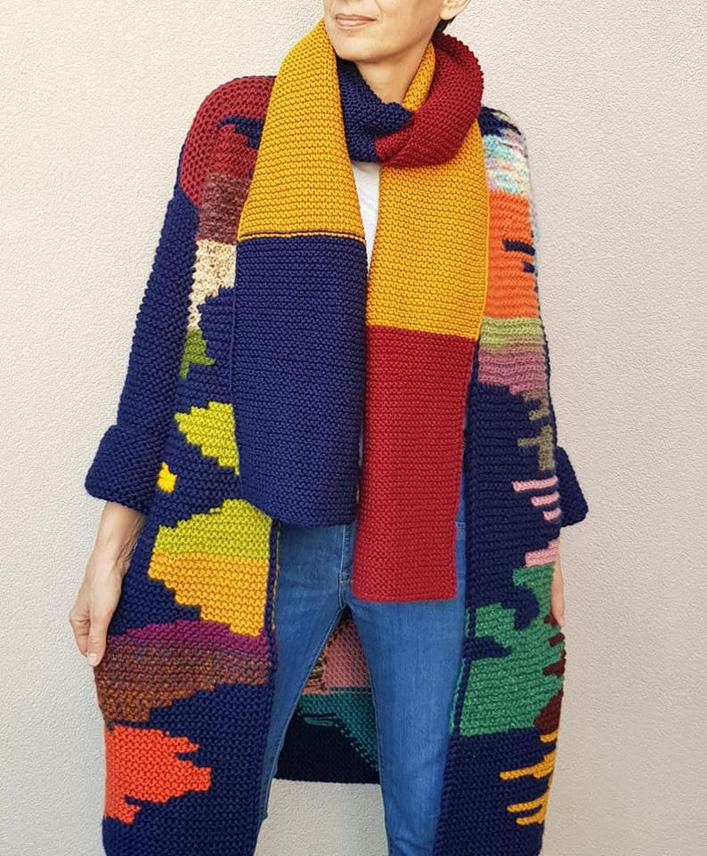 Multicolor Hand Knit Unique Wool Coat With/out Scarf, Boho Long Knitted ...