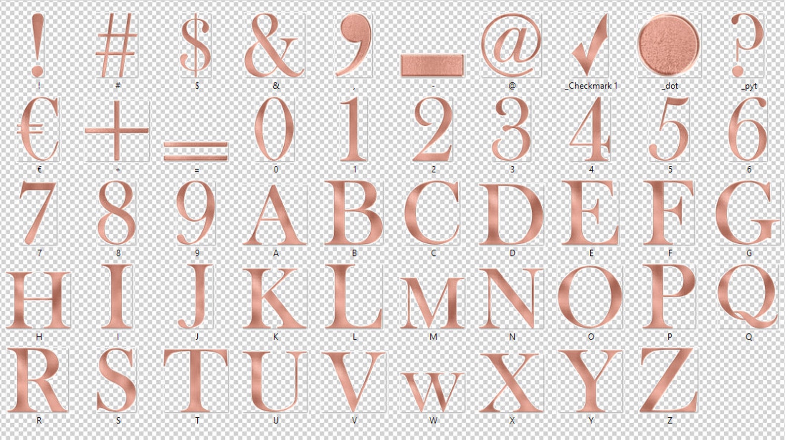 Rose Gold Metallic Digital Alphabet, Metallic Letters Numbers, PNG ...