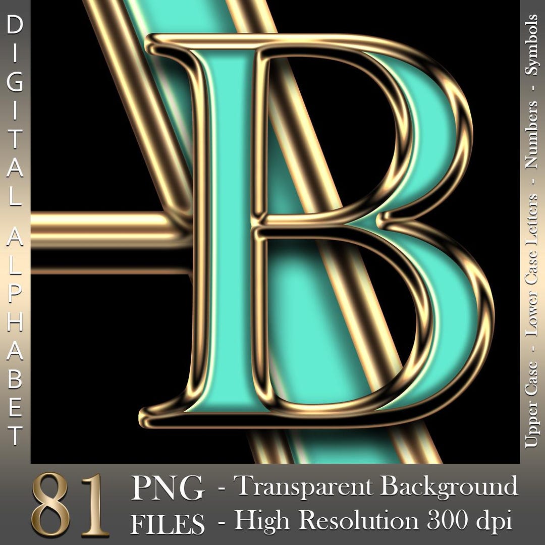 Teal and Gold Chrome Alphabet: PNG Digital Letters (instant Download ...