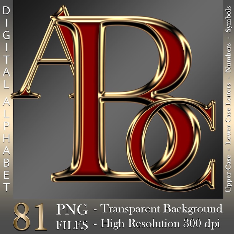 Red & Gold Chrome Digital Alphabet: Luxury PNG Letters (commercial Use ...