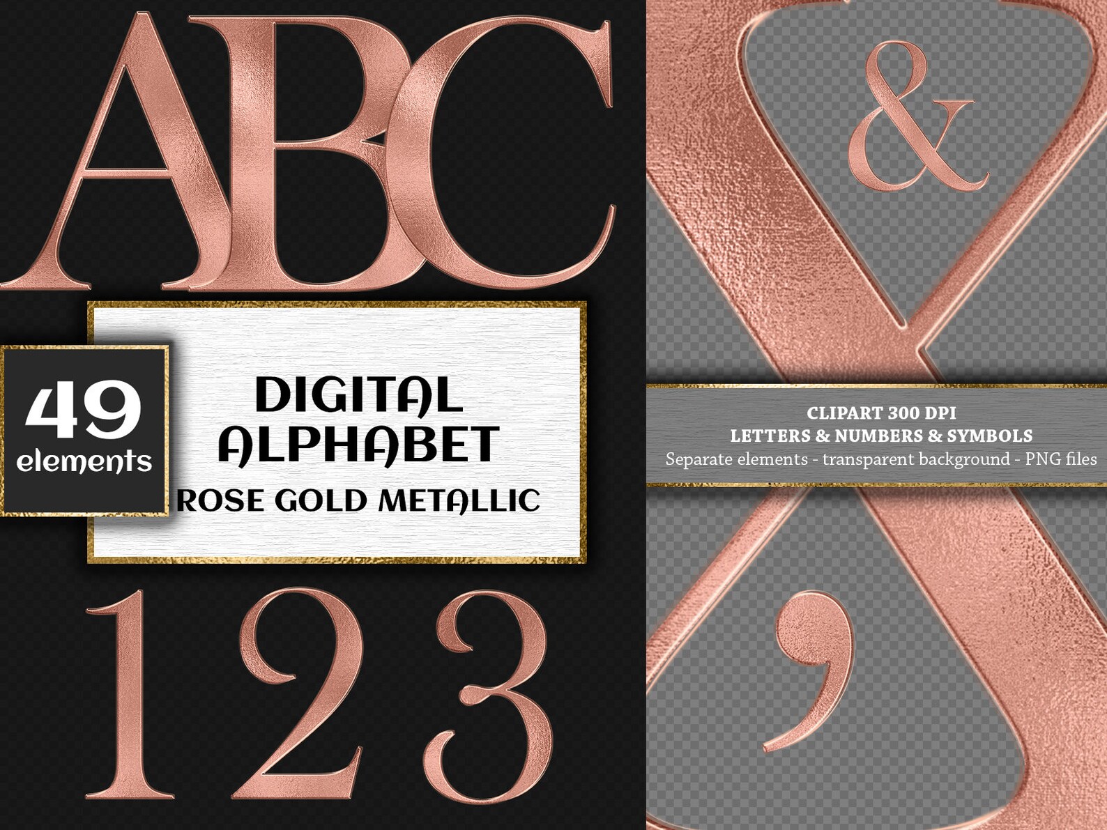 Rose Gold Metallic Digital Alphabet, Metallic Letters Numbers, PNG ...