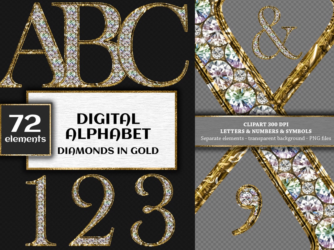 Diamonds in Gold, Digital Alphabet, Glam Gold Clipart, Letters, Numbers ...