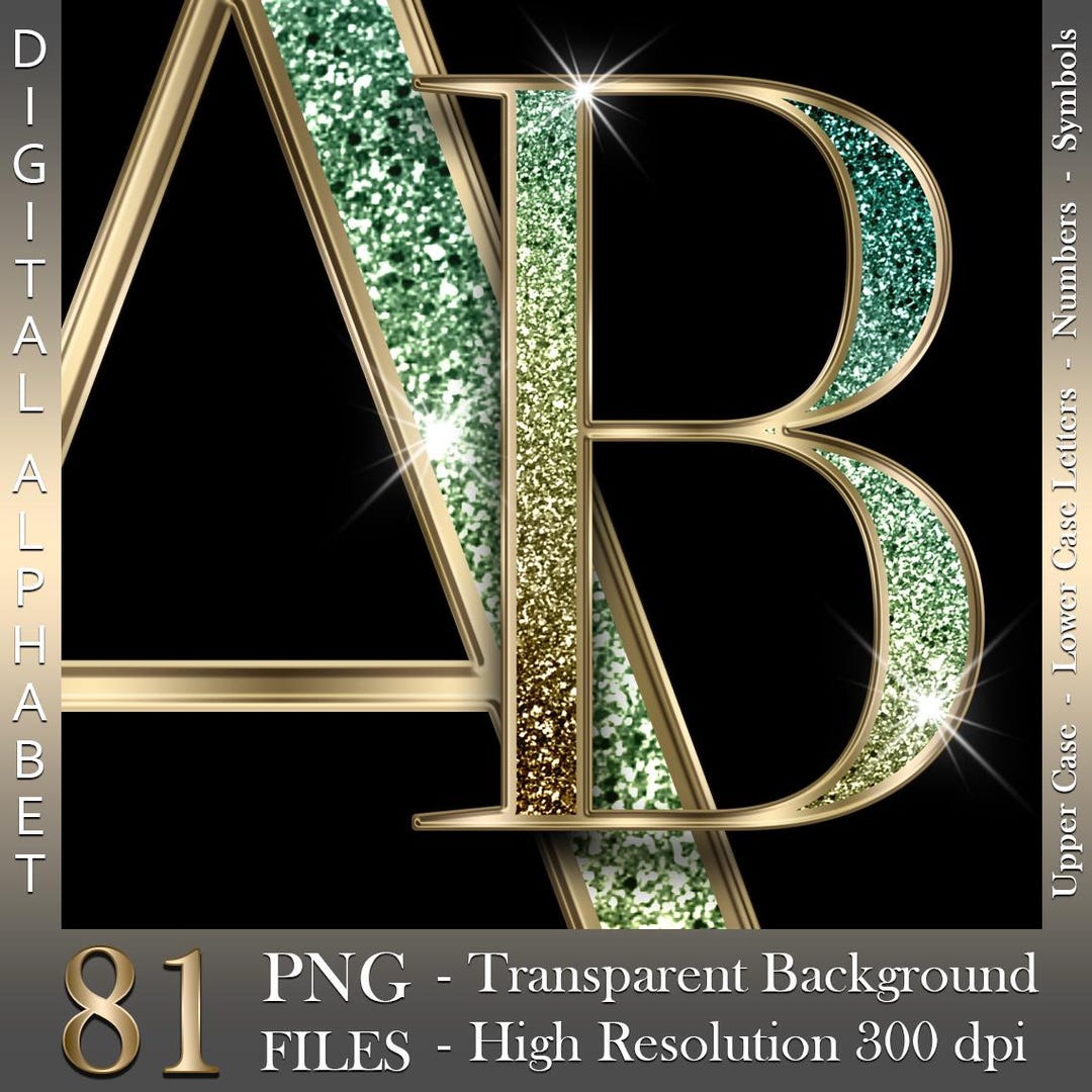 Green Glitter Digital Alphabet, Luxury Letters & Numbers, Green Glitter ...