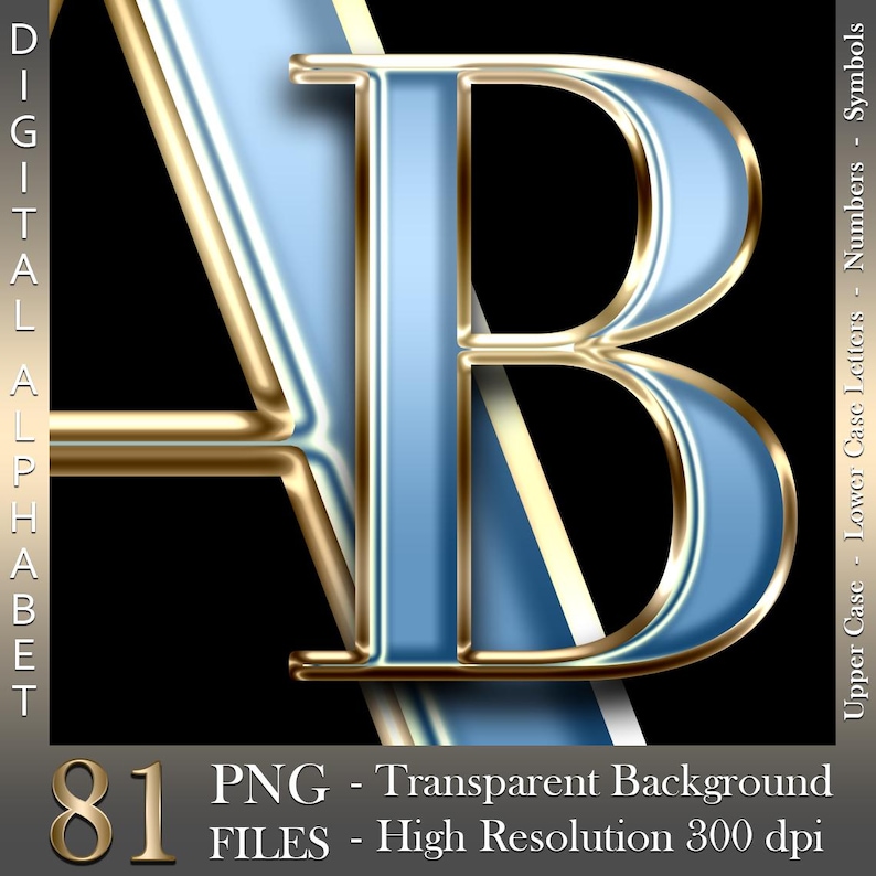 Blue and Gold Chrome Digital Alphabet: PNG Letters & Numbers (instant ...
