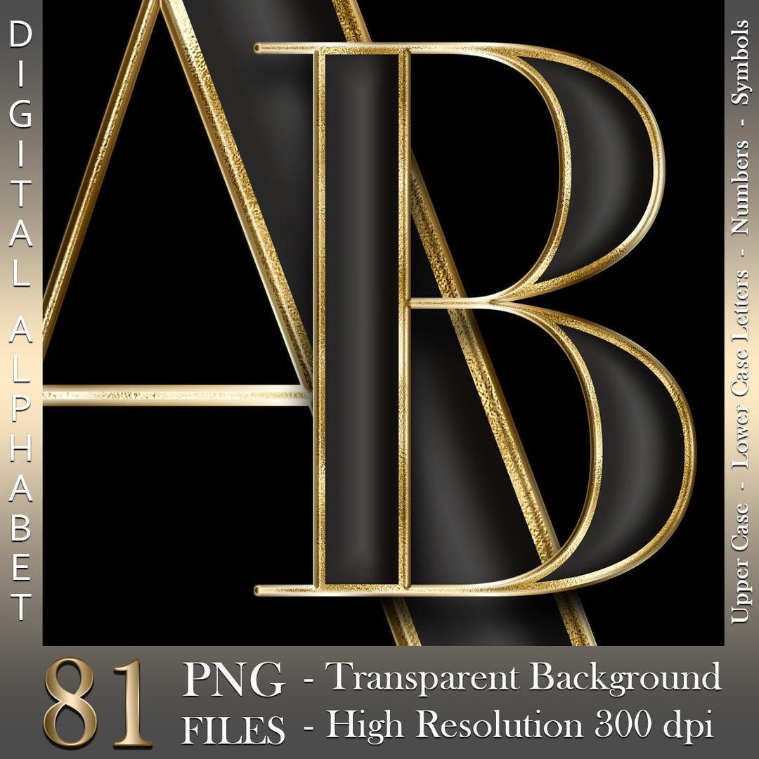 Black & Gold Glitter Digital Alphabet: PNG Letters, Numbers, Symbols ...