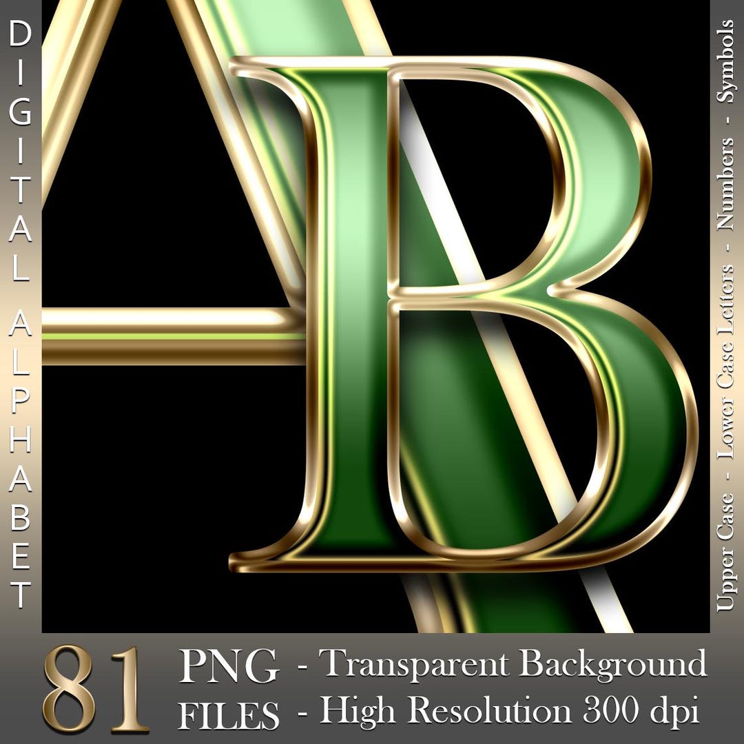Green and Gold Chrome, Digital Alphabet, Luxury Letters & Numbers ...