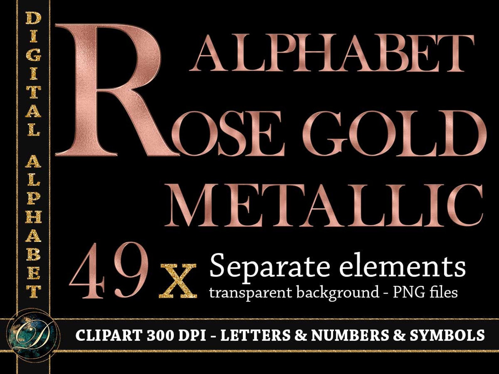 Rose Gold Metallic Digital Alphabet, Metallic Letters Numbers, PNG ...