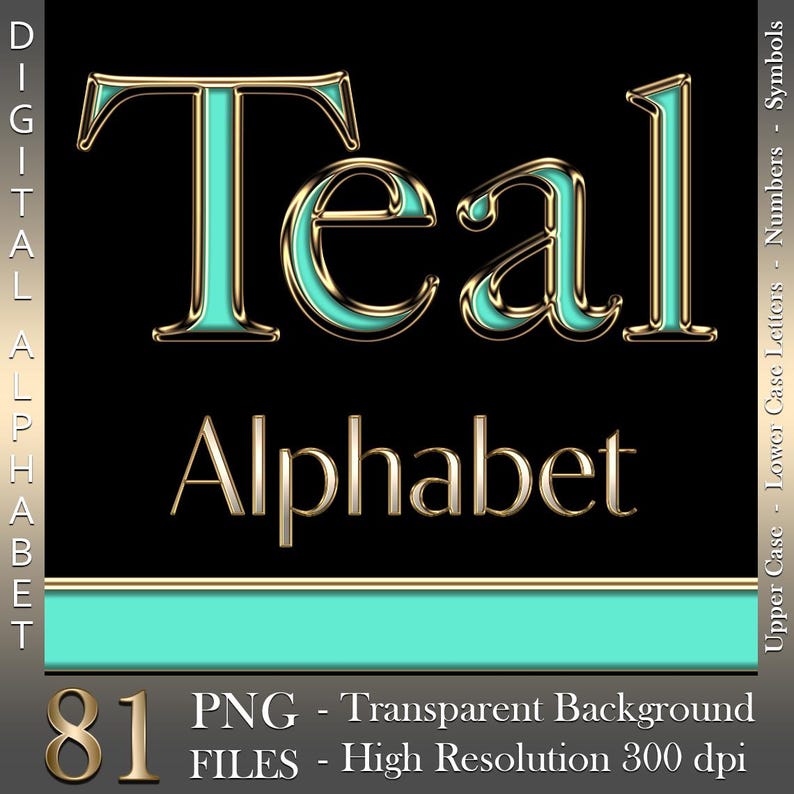 Teal and Gold Chrome Alphabet: PNG Digital Letters (instant Download ...