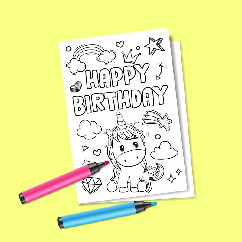Unicorn Birthday Card Color - Etsy