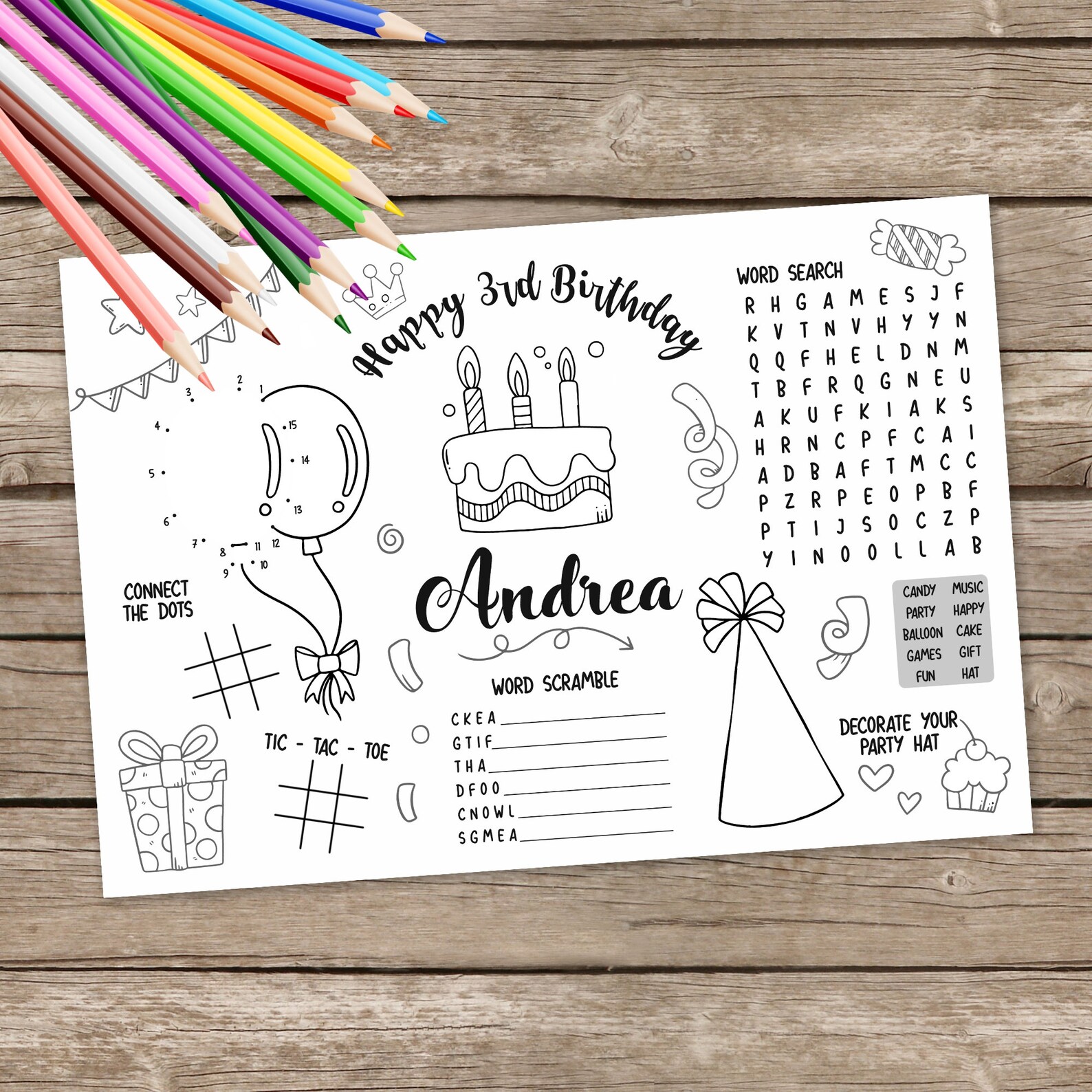 Printable Birthday Placemat Kids Activity Table Mat Birthday - Etsy