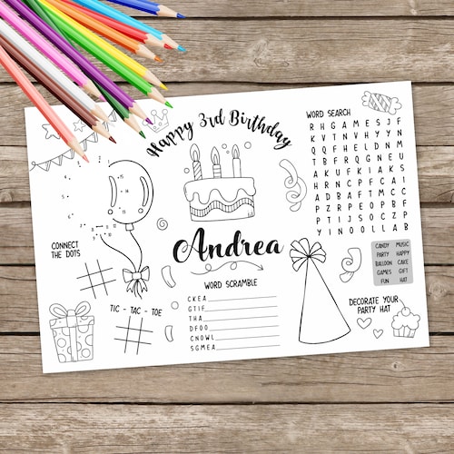 Printable Birthday Placemat Kids Activity Table Mat Birthday - Etsy