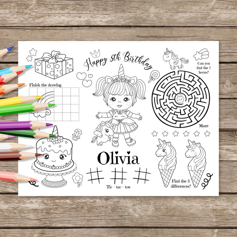 Unicorn Birthday Coloring Placemat Girl Magical Activity - Etsy