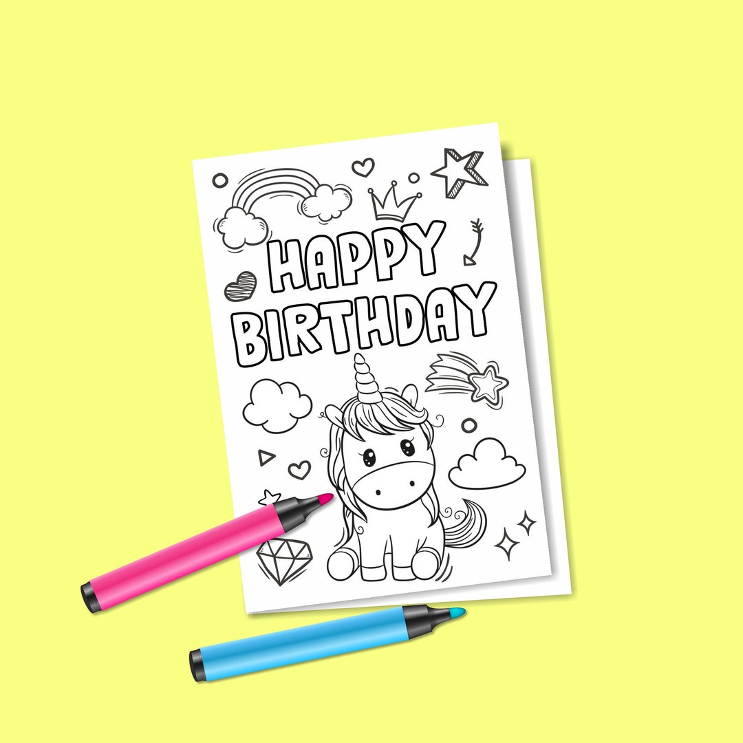 Instant Download Birthday Coloring Card, Digital Unicorn Greeting Card ...