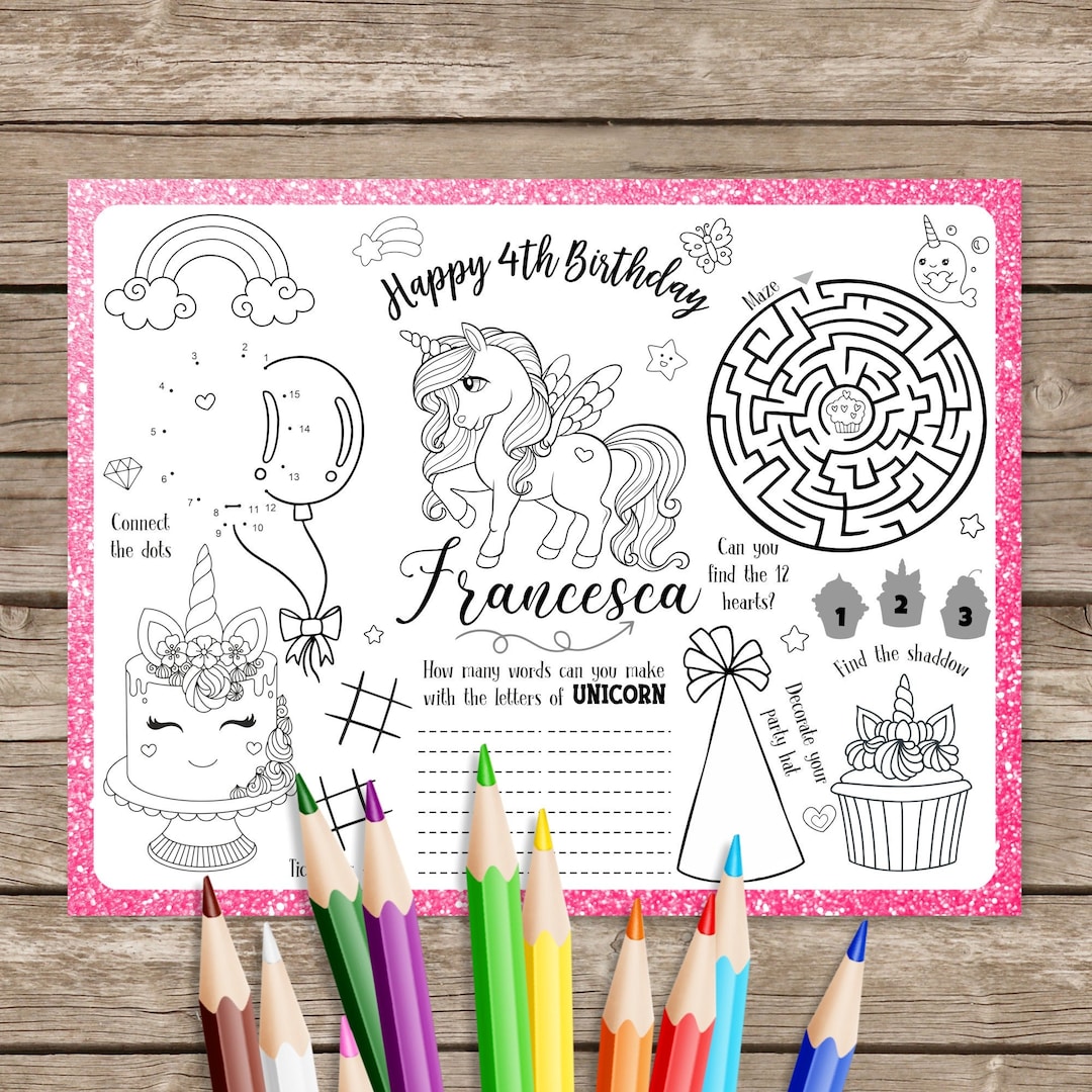 Unicorn Birthday Coloring Placemat Party Cake Activity Page - Etsy