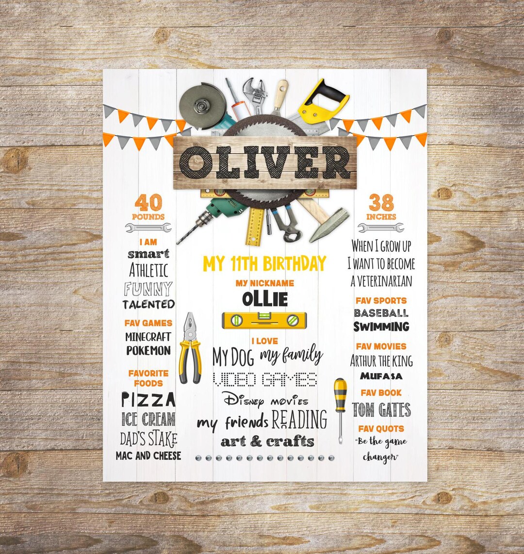 Digital Handyman Birthday Chalkboard Sign, Birth Stats Milestone ...