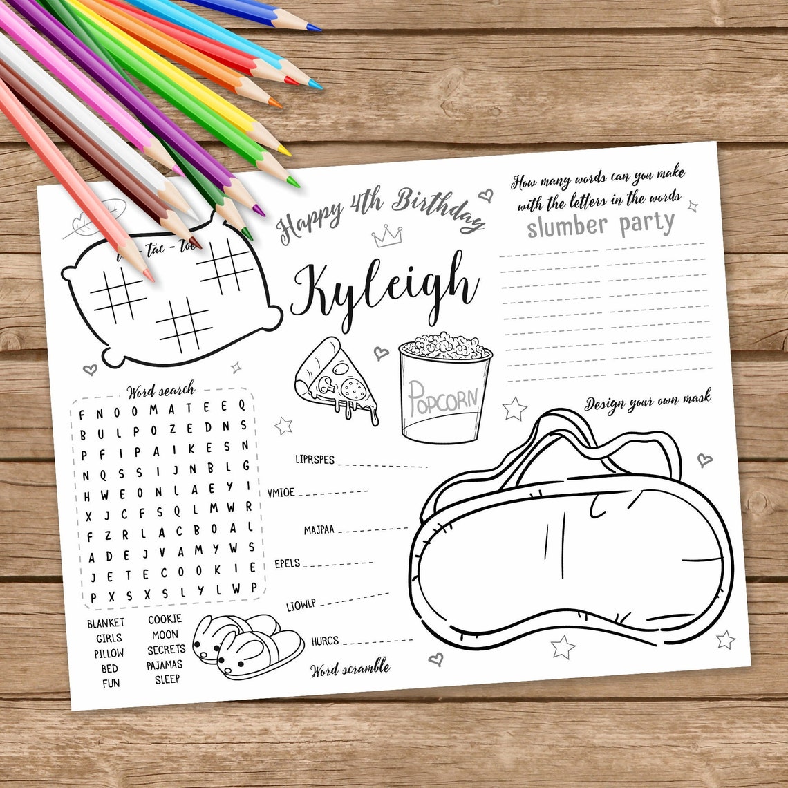 Sleepover Coloring Place Mat Digital Pajama Party Activity - Etsy